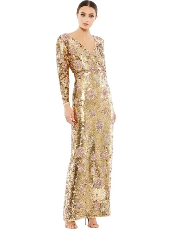 Mac Duggal Embellished Wrap-over Long Sleeve Column Gown - Gold
