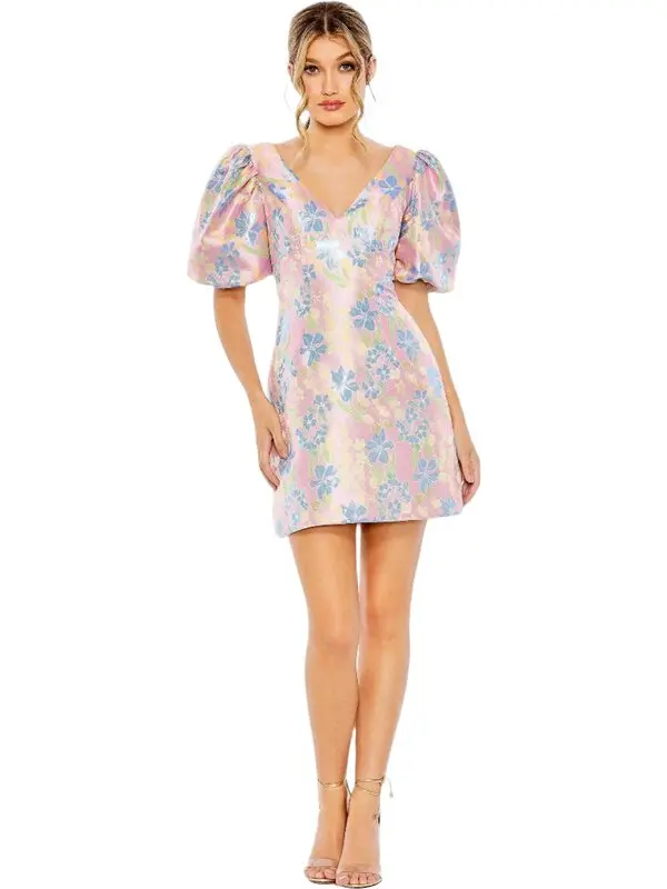 Mac Duggal Floral Brocade Mini Dress With Puff Sleeves - Pink Multi