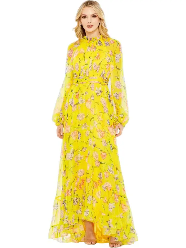 Mac Duggal Floral Print Chiffon Ruched Gown - Yellow Multi