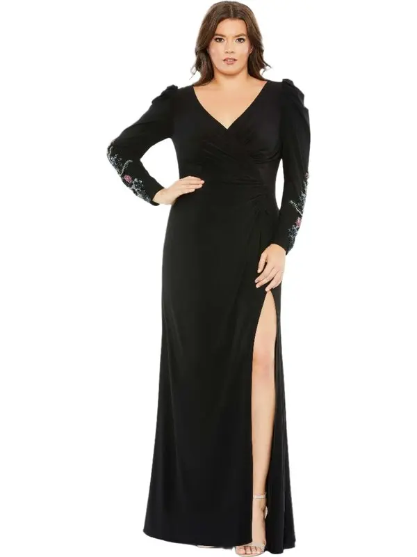 Mac Duggal Embellished Long Sleeve Faux Wrap Gown - Black