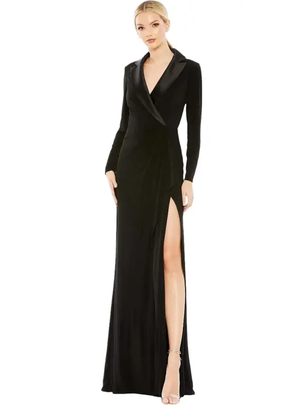 Mac Duggal Long Sleeve Faux Tuxedo Gown - Black