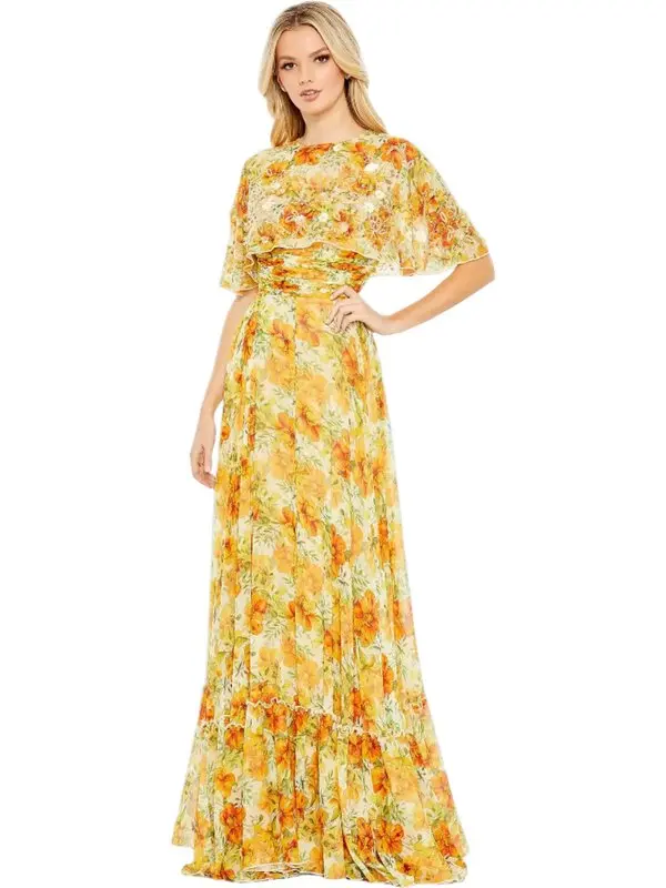Mac Duggal High Neck A-line Floral Gown With Cape Sleeves - Yellow Multi