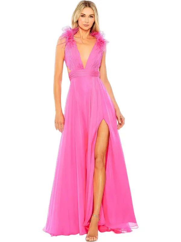 Mac Duggal A-line Gown With Feathered Collar - Hot Pink