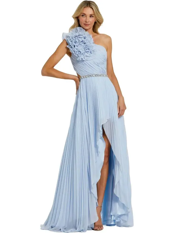 Mac Duggal Floral Detail One Shoulder Gown With Slit - Powder Blue