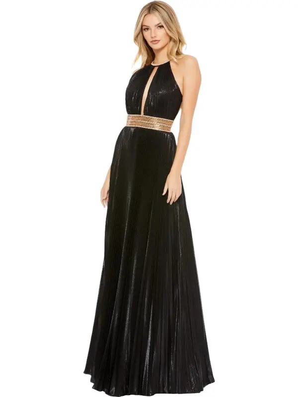 Mac Duggal Pleated Embellished Halter Gown With Open Back - Black