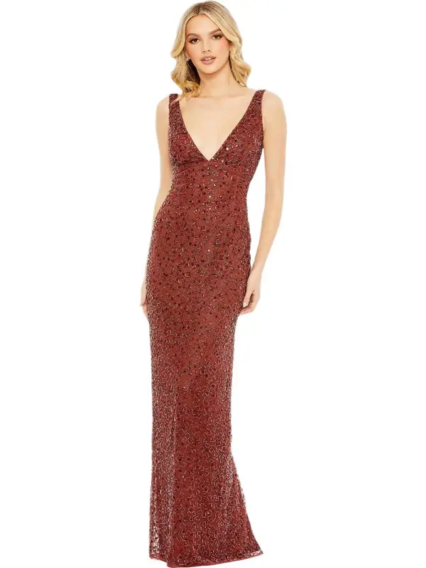 Mac Duggal Sleeveless Sequined V-neck Gown - Brick