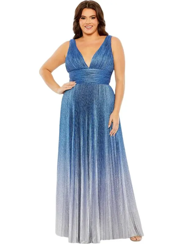 Mac Duggal V-neck Ombre Pleated Gown - Sapphire Ombre