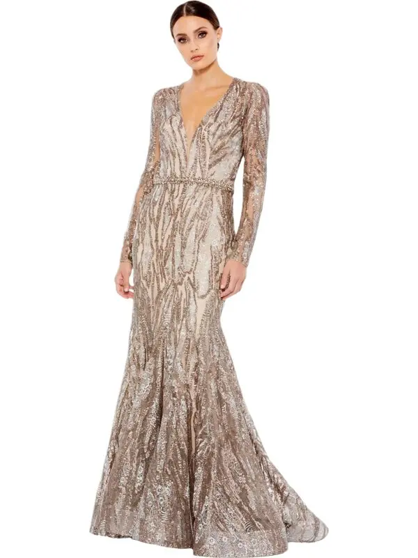 Mac Duggal Embellished Long Sleeve Plunge Neck Trumpet Gown - Taupe
