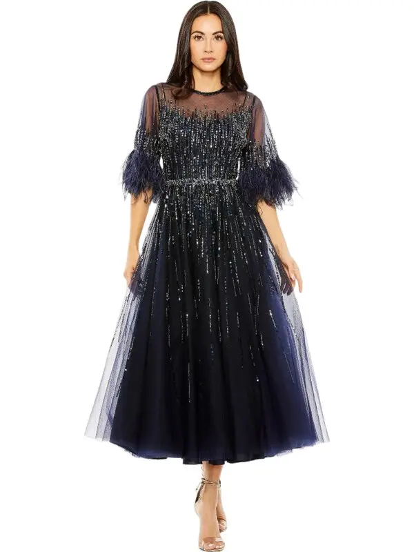 Mac Duggal High Neck Fit-and-flare Tea Length Dress With Feather Detail Sleeves - Navy