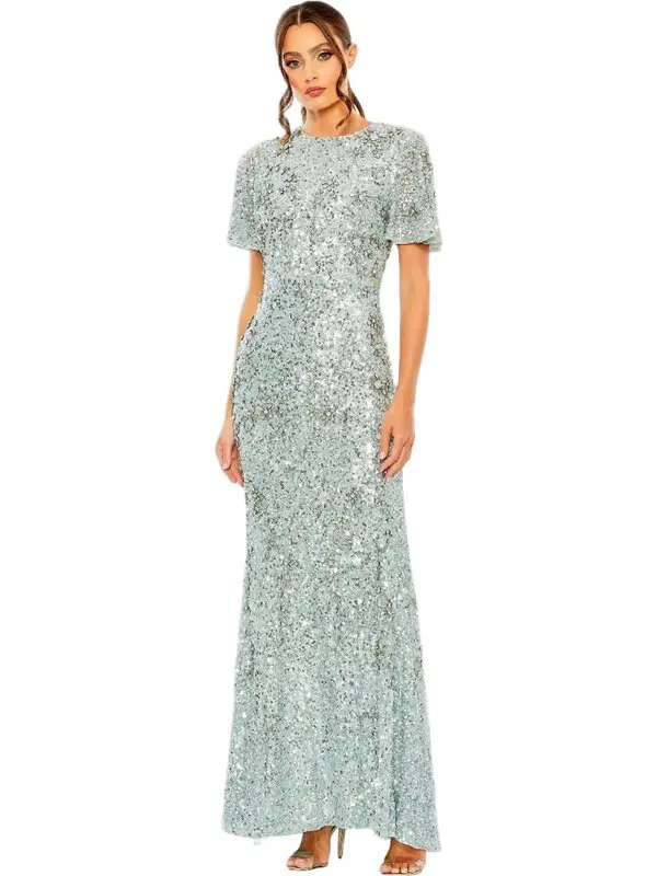 Mac Duggal Flutter Sleeve Sequin High Neck Gown - French Blue