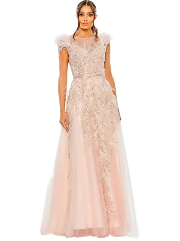 Mac Duggal High Neck Feather Detail Beaded Gown - Blush
