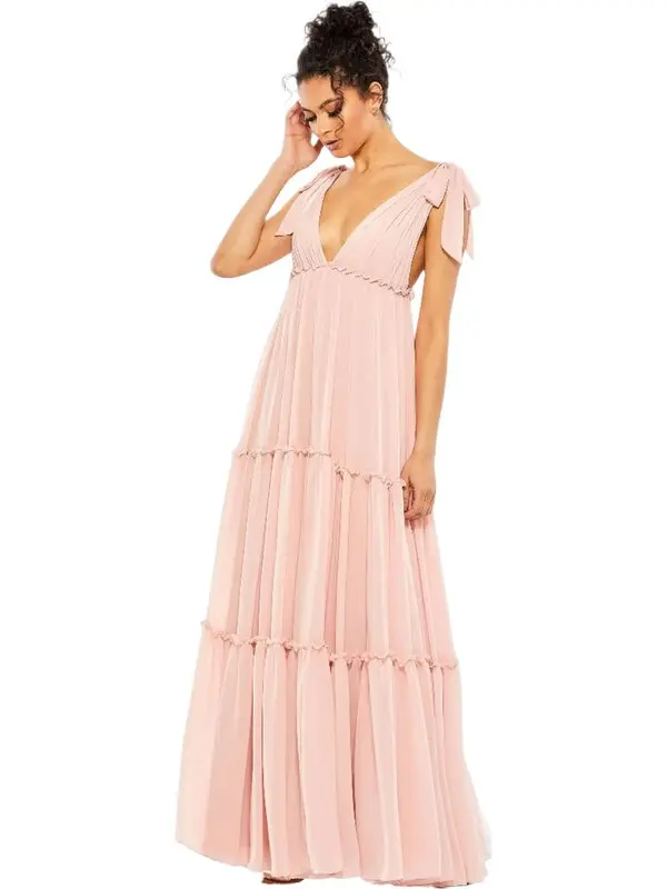Mac Duggal Tiered Maxi Dress With Plunging V-neckline - Blush