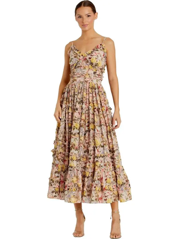 Mac Duggal Floral Printed Micro Ruffle Cotton Midi Dress - Multicolor