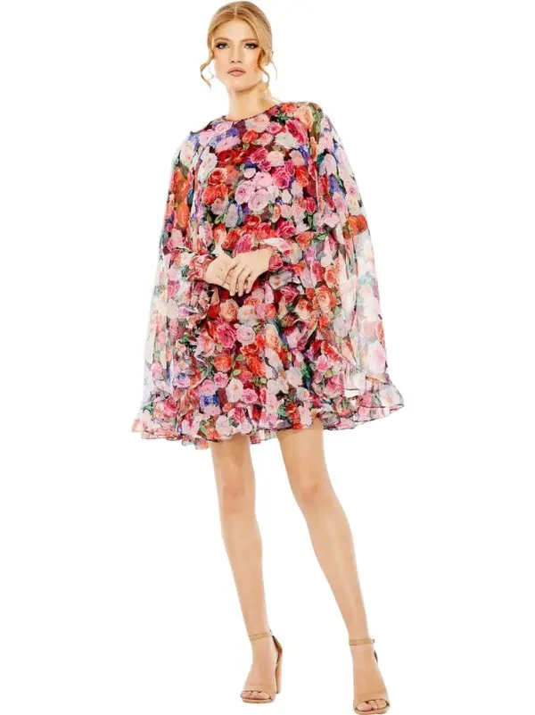 Mac Duggal Printed Chiffon Cape Mini Dress - Floral Multi