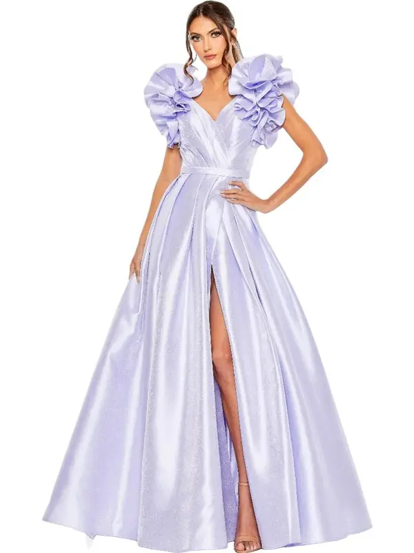 Mac Duggal Flutter Sleeve V-neck Ballgown With Slit - Periwinkle