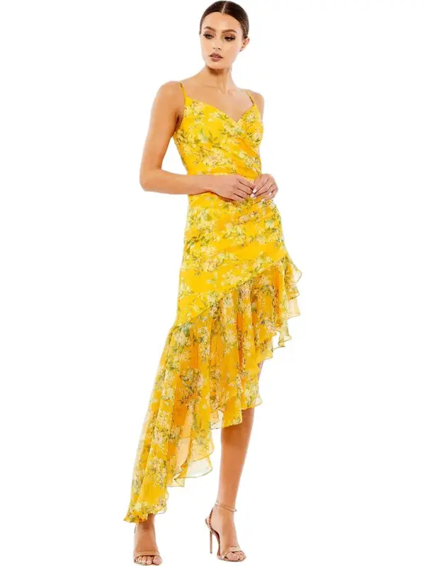 Mac Duggal Floral Ruffle Asymmetrical Hi-low Hem Gown - Yellow Multi