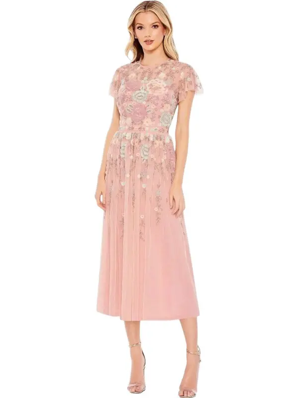 Mac Duggal Embellished Illusion High Neck Butterfly Sleeve Midi Dress - Dusty Rose