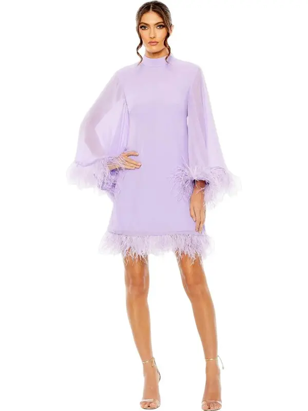 Mac Duggal High Neck Mini Dress With Feather Trim - Lilac