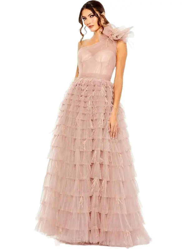 Mac Duggal Tulle A-line Gown With Feather Details - Dusty Rose