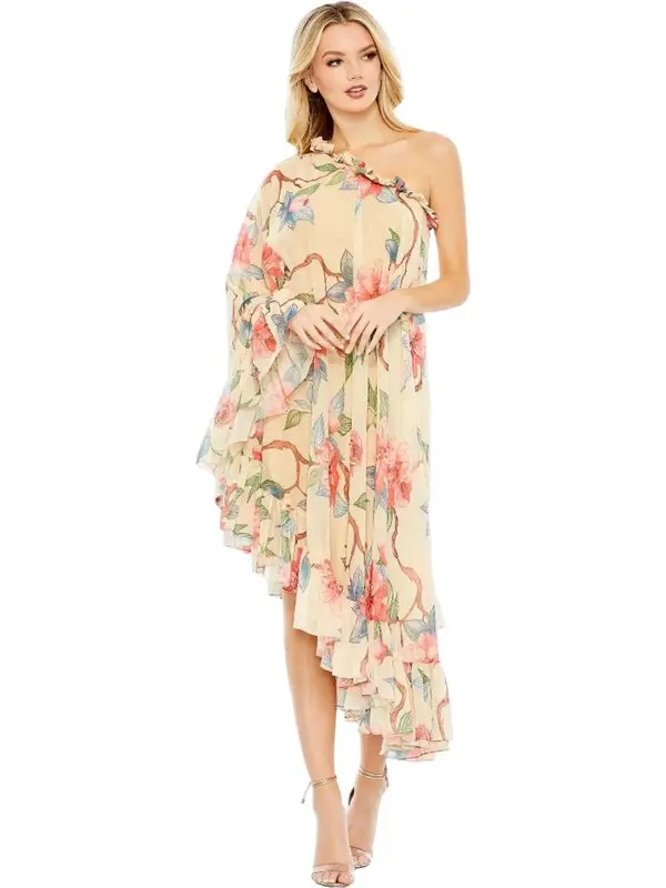 Mac Duggal Floral Print One Shoulder Cape Dress - Nude Multi