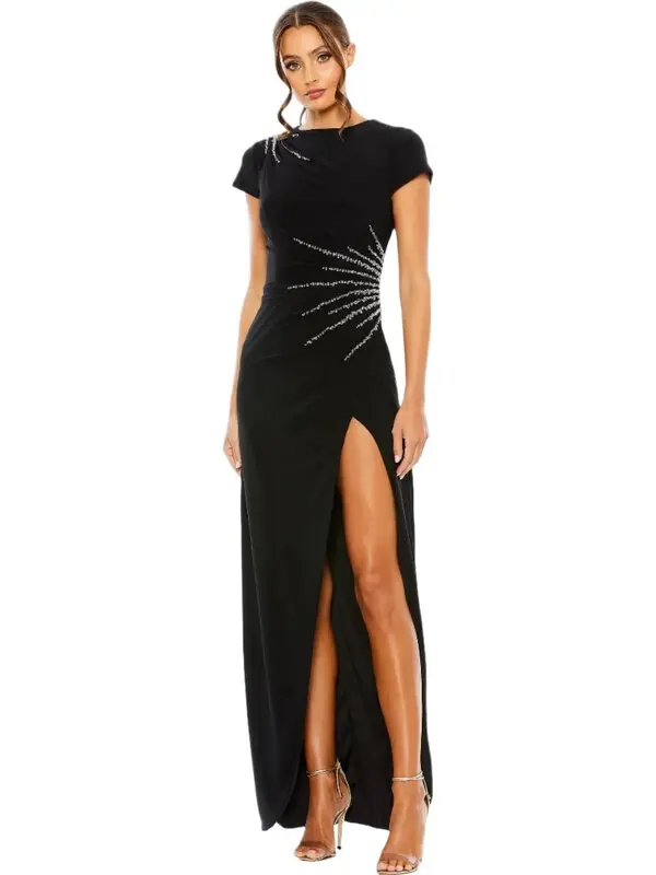 Mac Duggal Slit Gown With Beaded Detail - Black