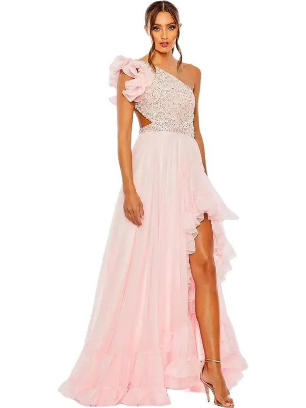 Mac Duggal Asymmetrical One-shoulder Gown With Ruffle And Open Back - Petal Pink