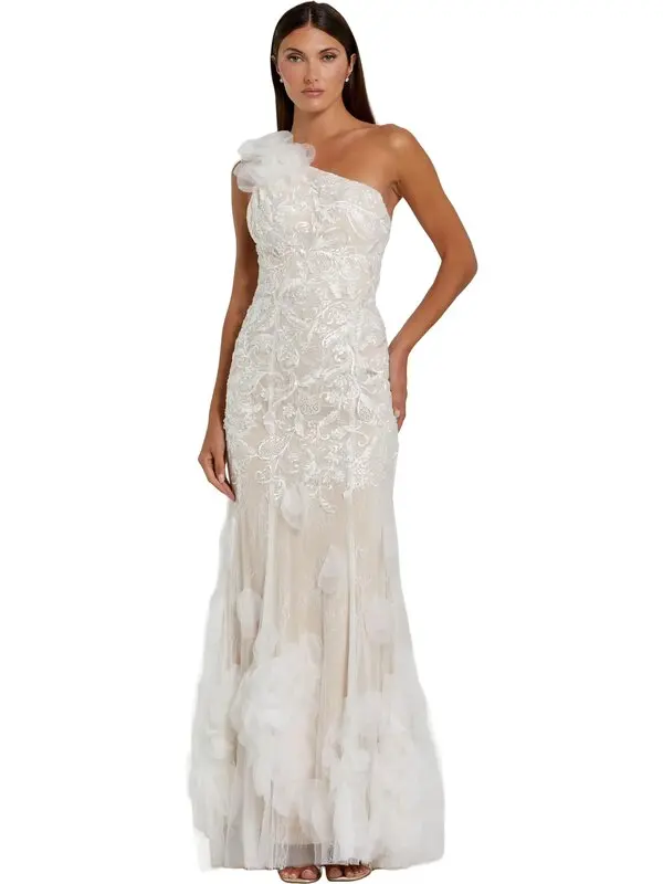 Mac Duggal Beaded Strappy One Shoulder Petal Mermaid Gown - Ivory