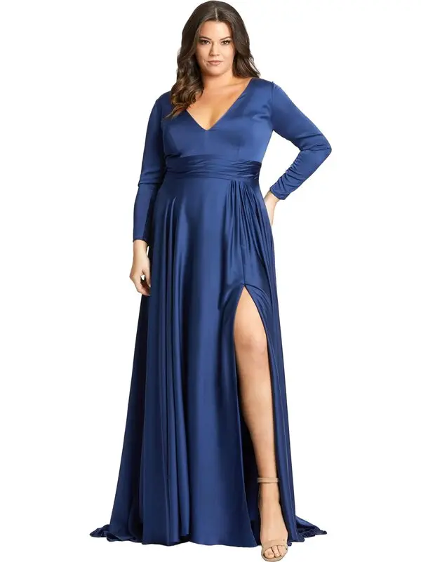 Mac Duggal Satin Long Sleeve Evening Gown - Midnight