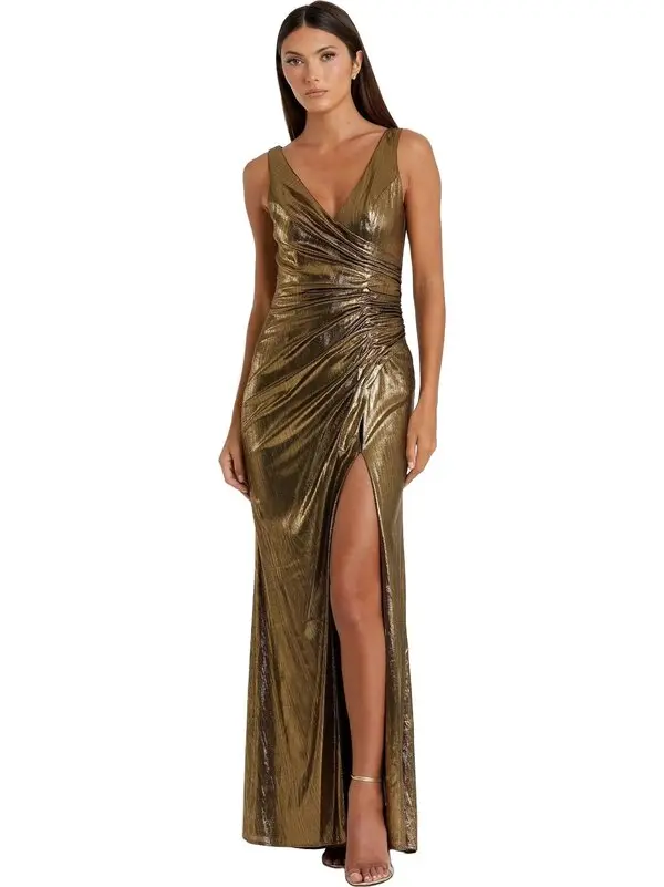 Mac Duggal Metallic Ruched Front Slip V-neck Gown - Antique Gold