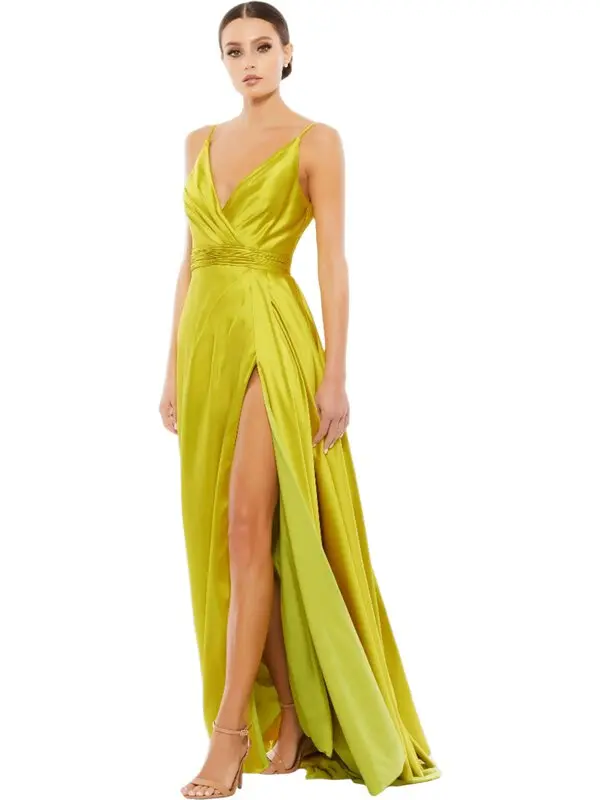 Mac Duggal Sleeveless Faux Wrap Draped Gown - Chartreuse