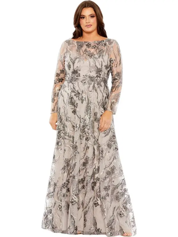 Mac Duggal Embroidered A-line Gown With Long Sleeves - Taupe