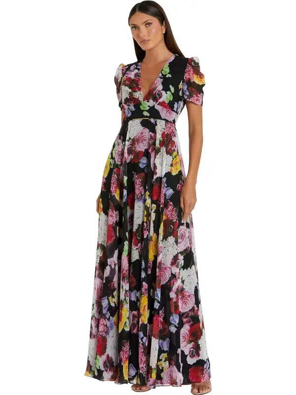 Mac Duggal Floral-printed Mesh Gown With Short Sleeves - Black Multi