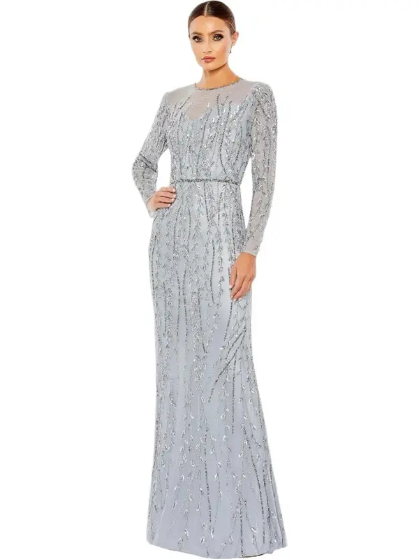 Mac Duggal Embellished Illusion High Neck Gown - Platinum