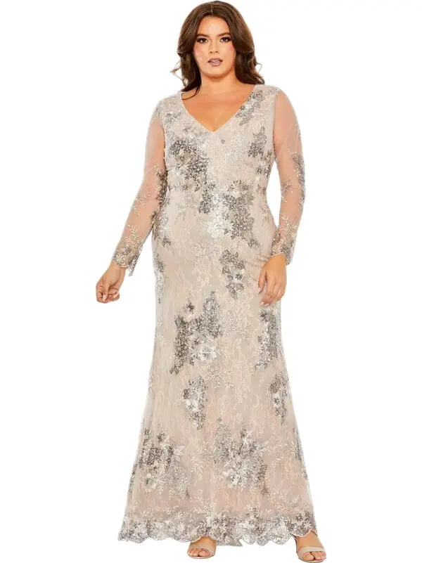 Mac Duggal V-neck Embroidered Gown - Taupe