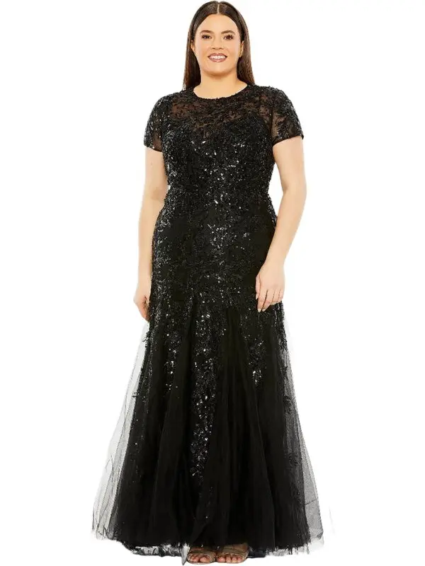 Mac Duggal Hand-embellished Short Sleeve Gown - Black