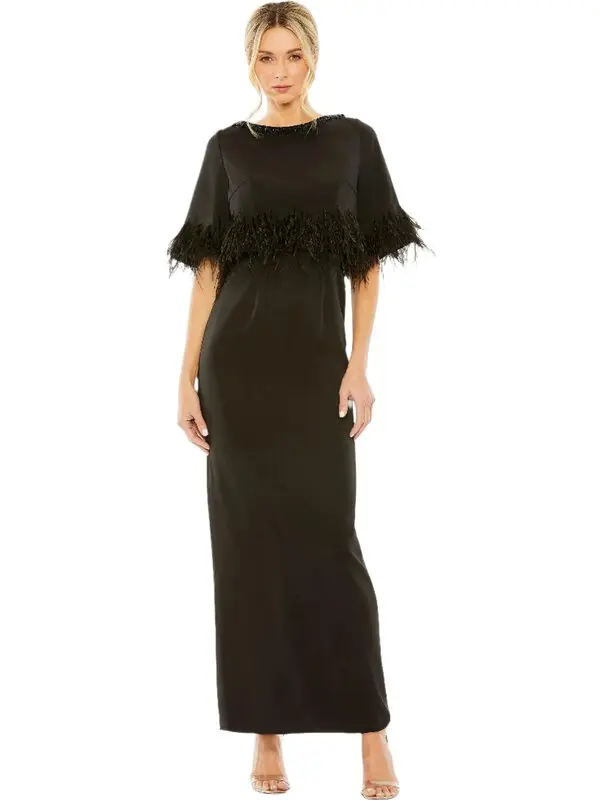 Mac Duggal Short Sleeve Feather Detail Crystal Neckline Dress - Black