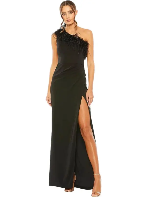 Mac Duggal One-shoulder Feather Trim Gown - Black