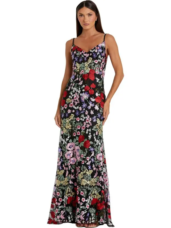 Mac Duggal Floral Embroidered Trumpet Gown - Black Multi