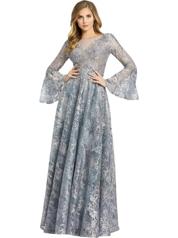 Mac Duggal Embellished Illusion Bell Sleeve A-line Gown - Grey Multi