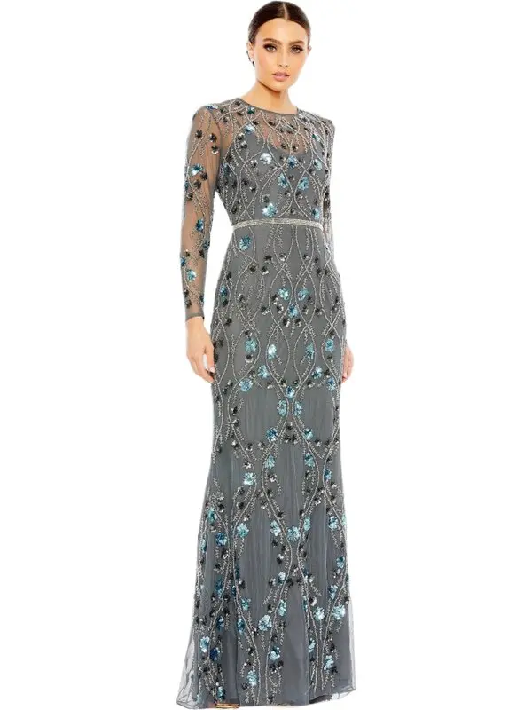 Mac Duggal Floral Embellished Long Sleeve Gown - Charcoal