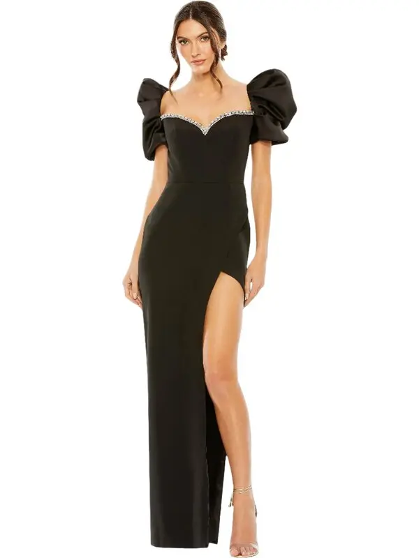 Mac Duggal Puff Sleeve Beaded Sweetheart Neck Gown - Black