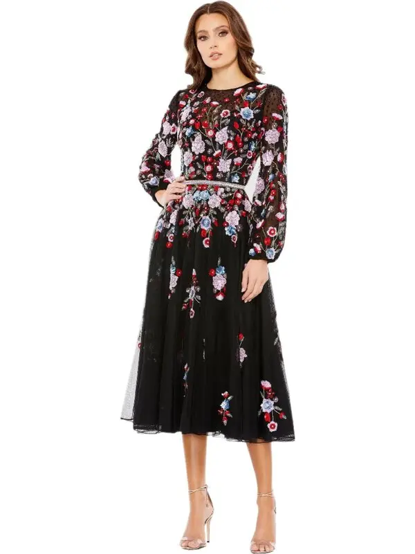 Mac Duggal Sequin Floral High Neck Cocktail Dress - Black Multi