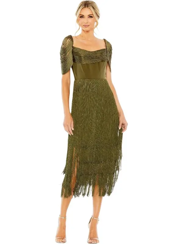 Mac Duggal Fringe Detailed Midi Dress - Olive