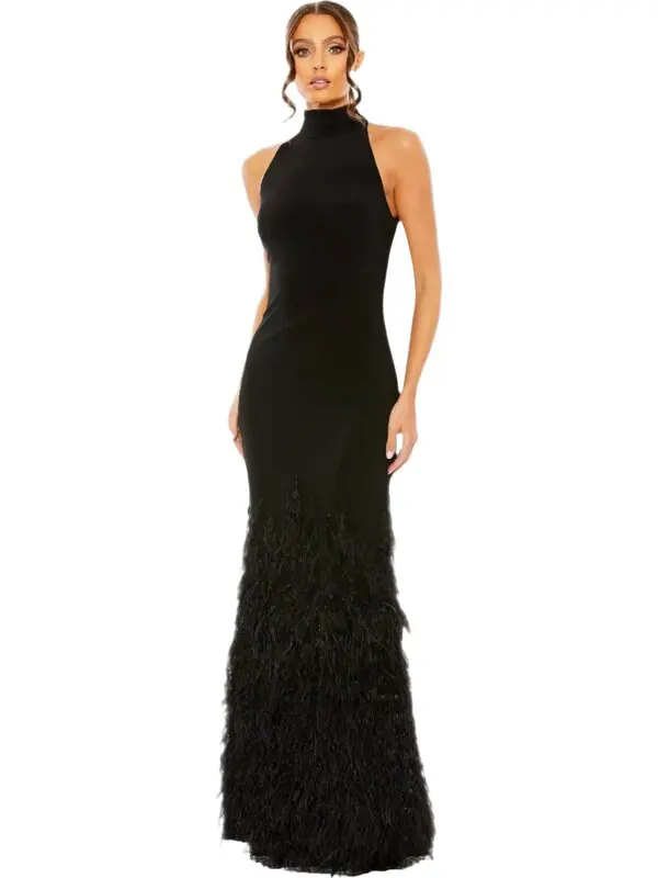 Mac Duggal Jersey Halter Gown With Feather Detail - Black