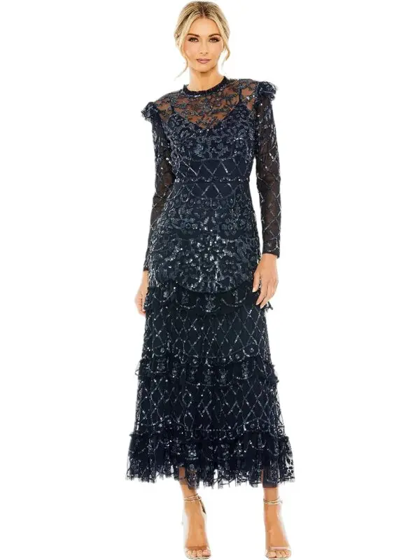 Mac Duggal High Neck Embellished Tiered Gown - Midnight