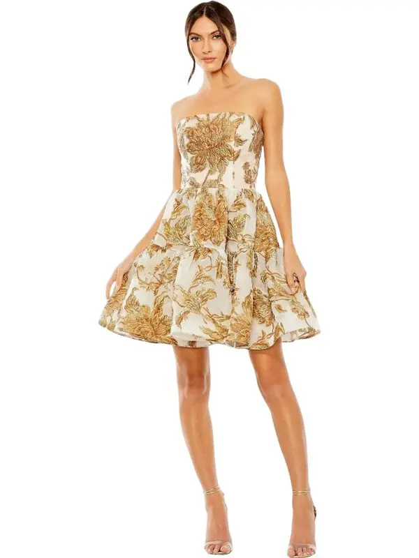 Mac Duggal Floral Brocade A-line Mini Dress With Pockets - Bronze