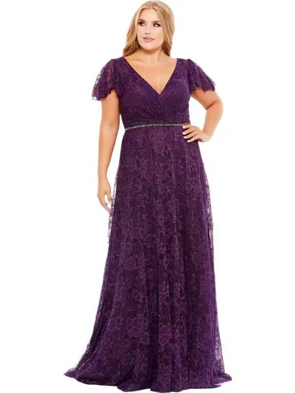Mac Duggal Embellished Lace Evening Gown With Flutter Sleeves - Aubergine