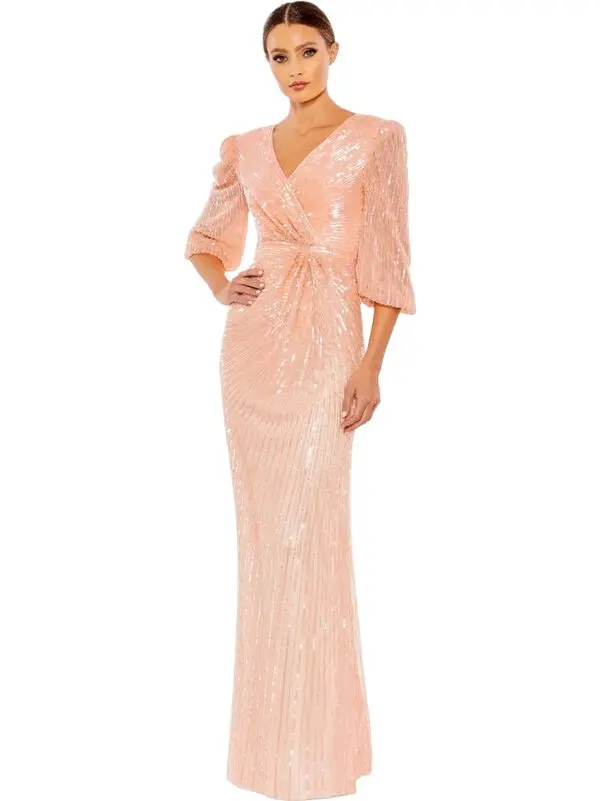 Mac Duggal Sequin Gown With Puff Sleeves - Peach