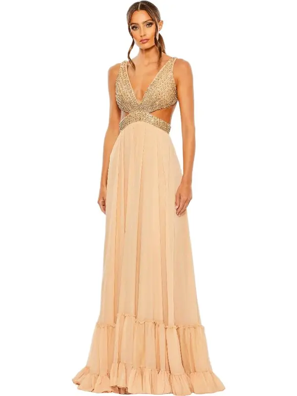 Mac Duggal Lace-up Rhinestone Embellished Gown - Gold