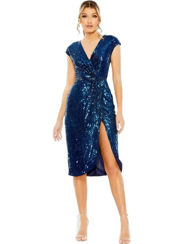 Mac Duggal Sequin Faux Wrap Front Slit Dress - Midnight